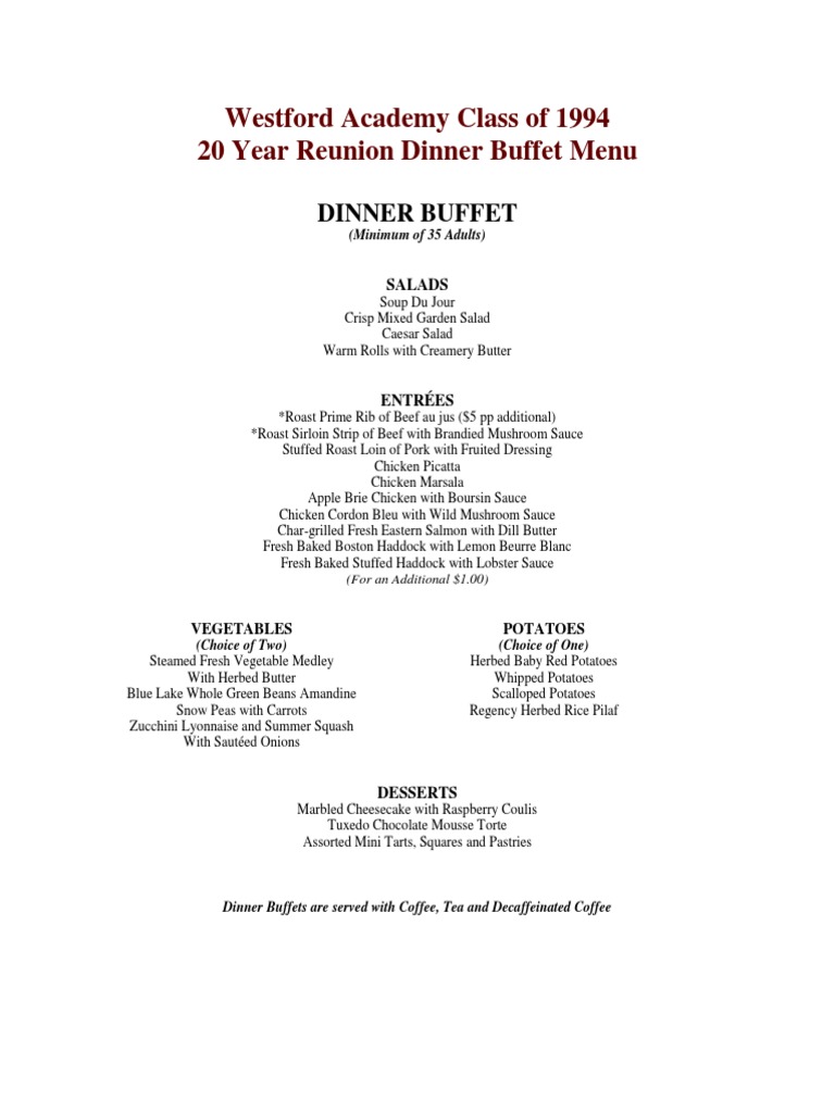 Westford Academy 1994 Reunion Menu | PDF | Cooking, Food & Wine