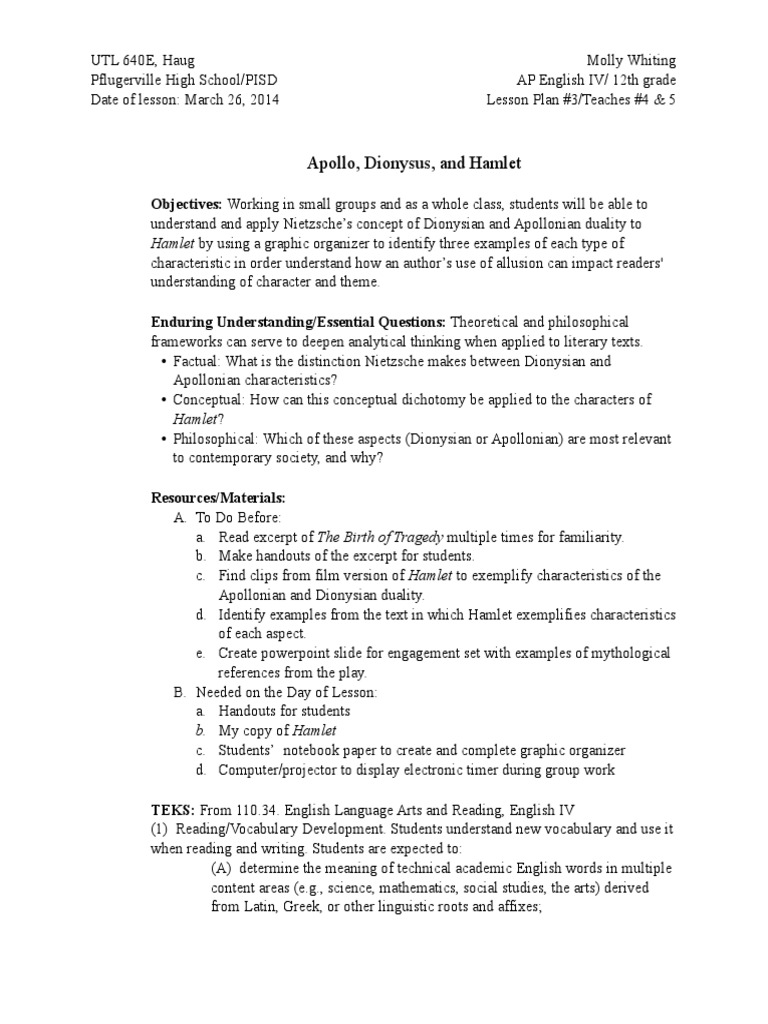 640 Lesson Plan 3 | PDF | Hamlet | Reading Comprehension