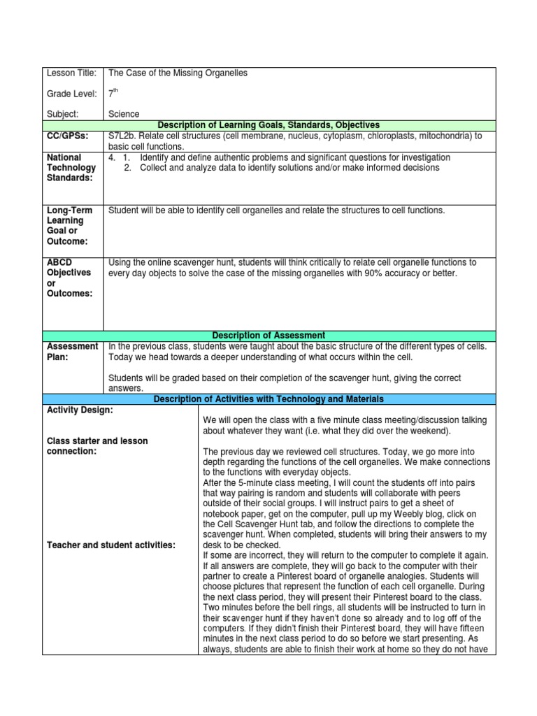Cell Scavenger Hunt Lesson Plan | PDF | Cell (Biology) | Lesson Plan