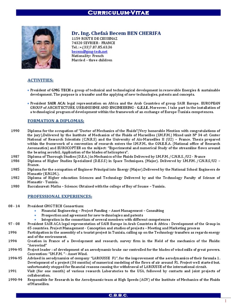 Dr. Ben Cherifa's Professional CV | PDF | Aerodynamics | Fluid Dynamics