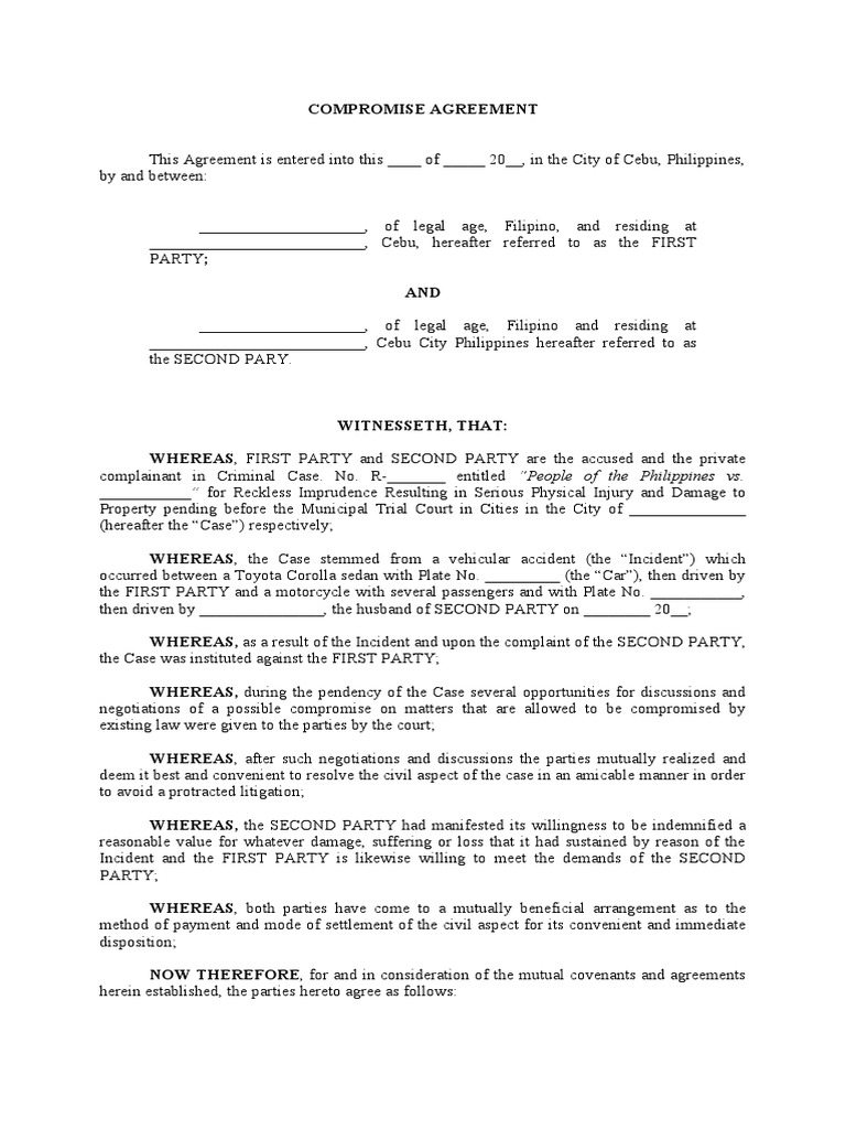 Sample Compromise Agreement | PDF | Indemnity | Private Law