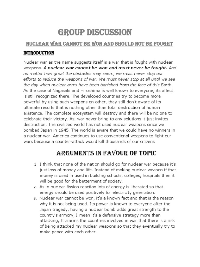 Group Discussion: Arguments in Favour of Topic | PDF | Nuclear Weapons ...