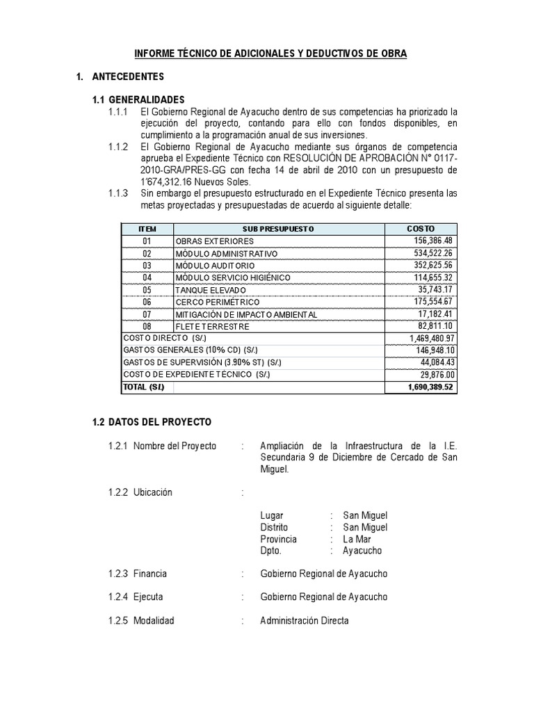 Informe Técnico de Adicionales y Deductivos de Obra | Presupuesto | Hormigón