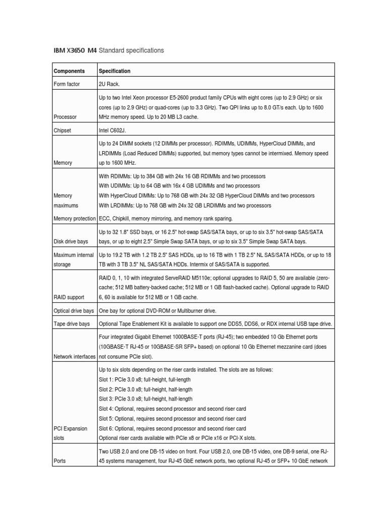 IBM X3650 M4 - X3750 M4 Standard Specifications | PDF | Computers
