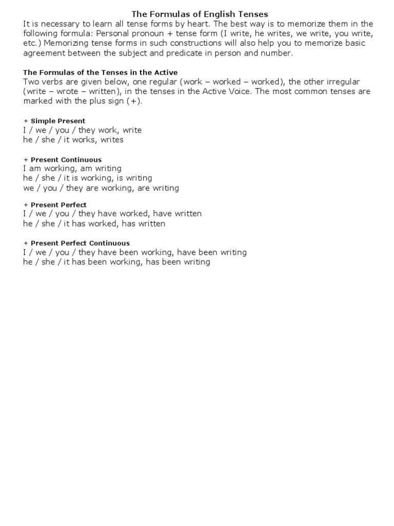 The Formulas of English Tenses | PDF | Perfect (Grammar) | Grammatical ...