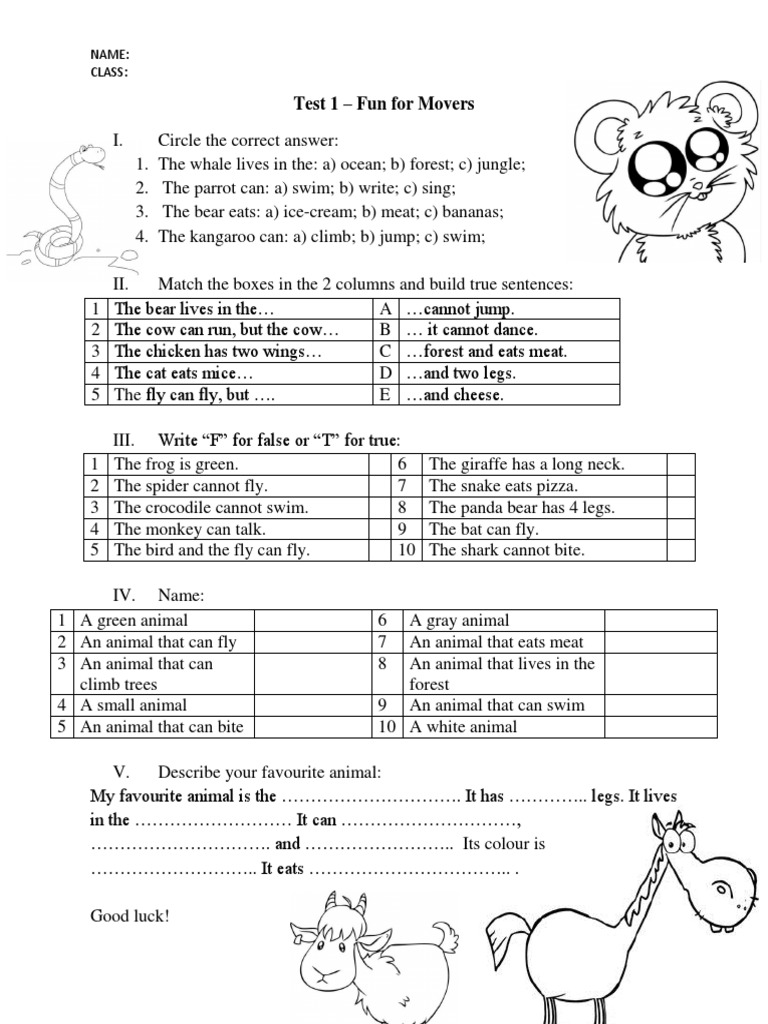 Fun For Movers Test 1 Animals | PDF
