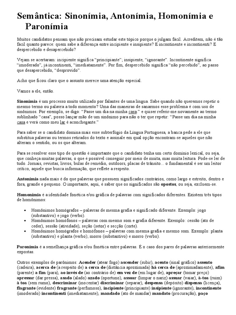 Português - Semântica - Sinonímia, Antonímia, Homonímia e Paronímia ...