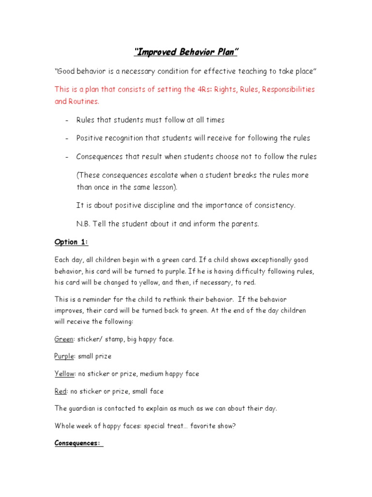 Improved Behavior Plan | PDF | Further Education | Schools
