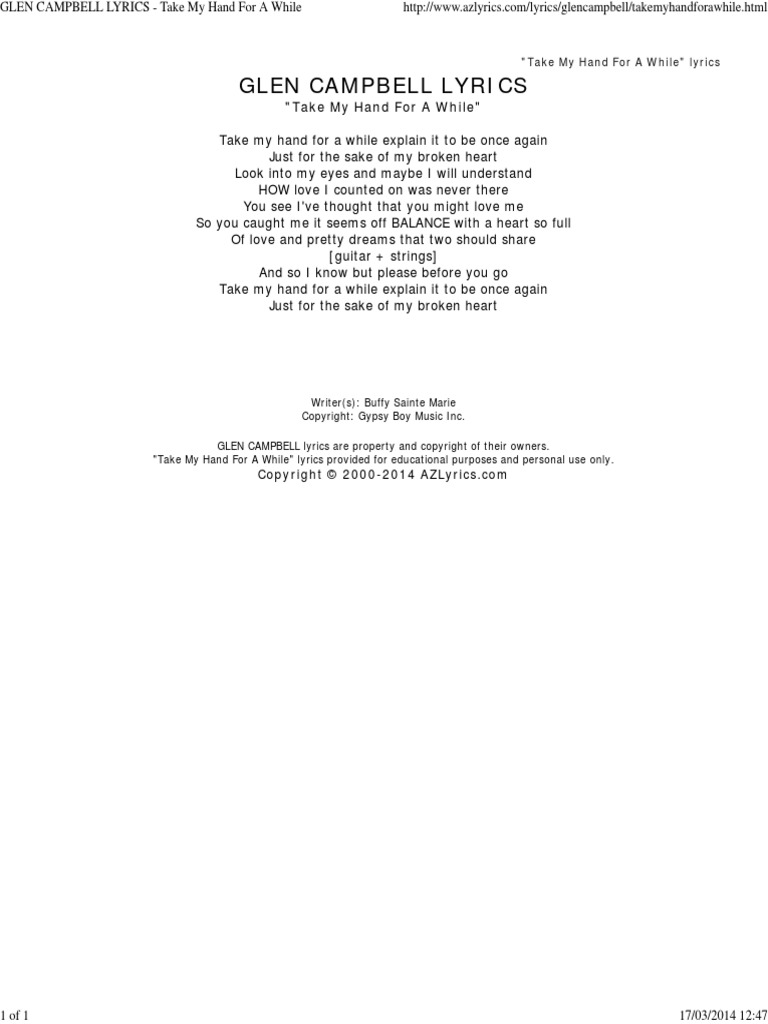 Glen Campbell Lyrics - Take My Hand For A While | PDF