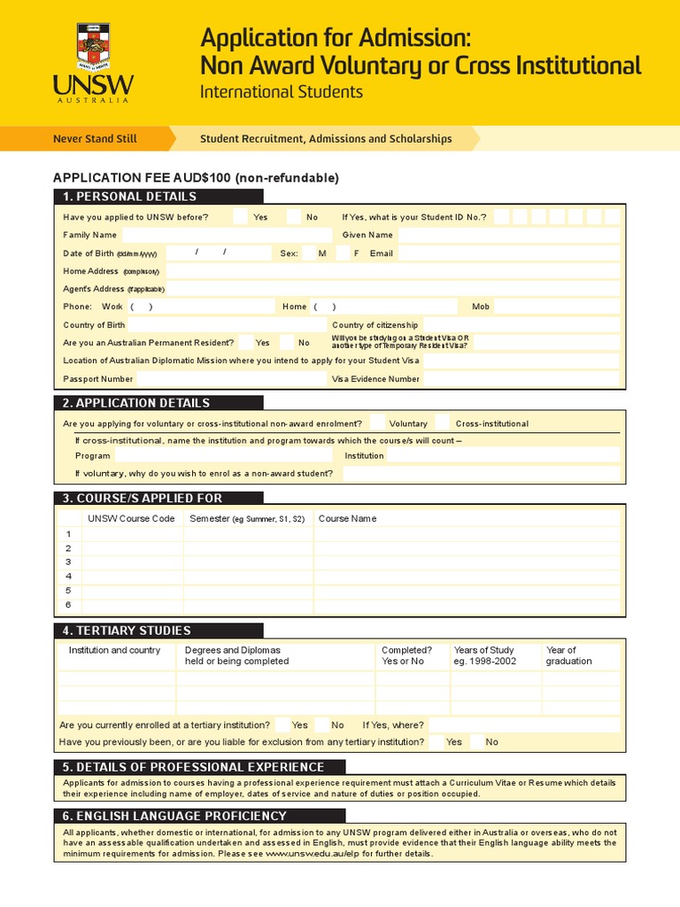 UNSW Non-Award Admission Application | PDF | University And College ...