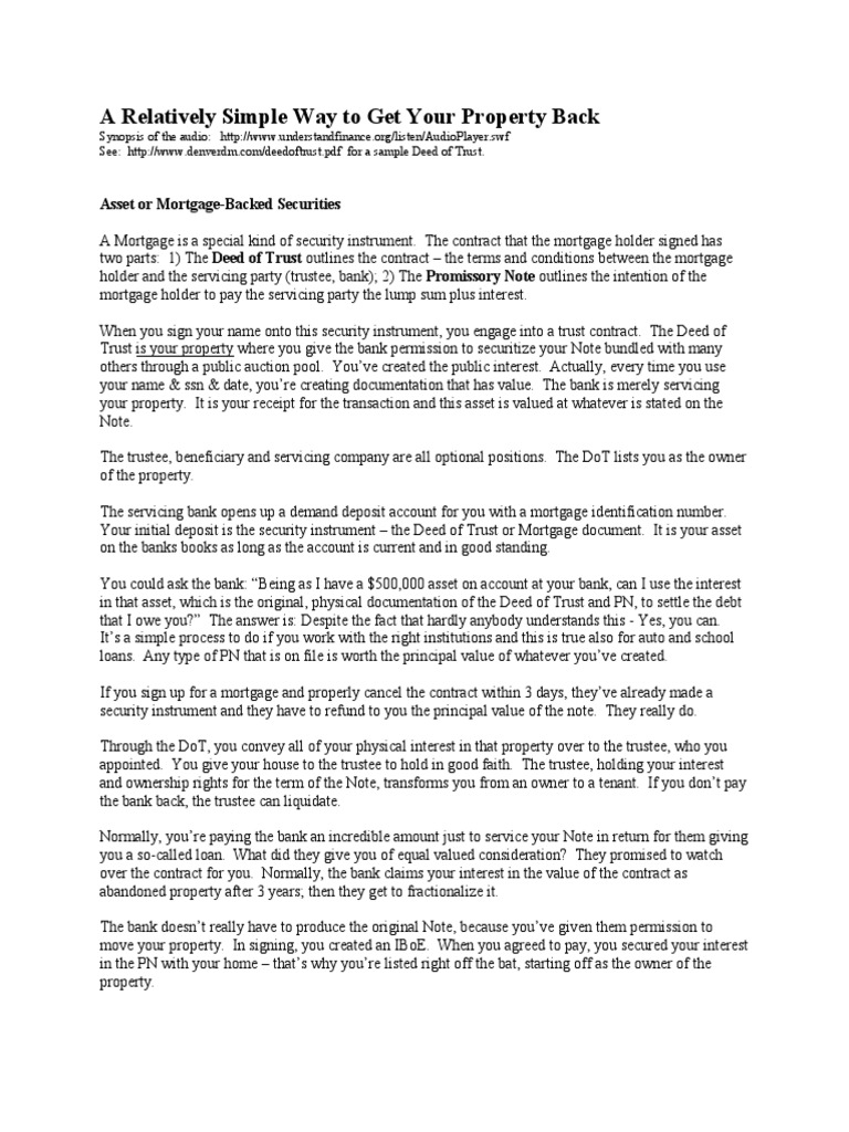 How To Get Your Property Back | PDF | Deed Of Trust (Real Estate ...