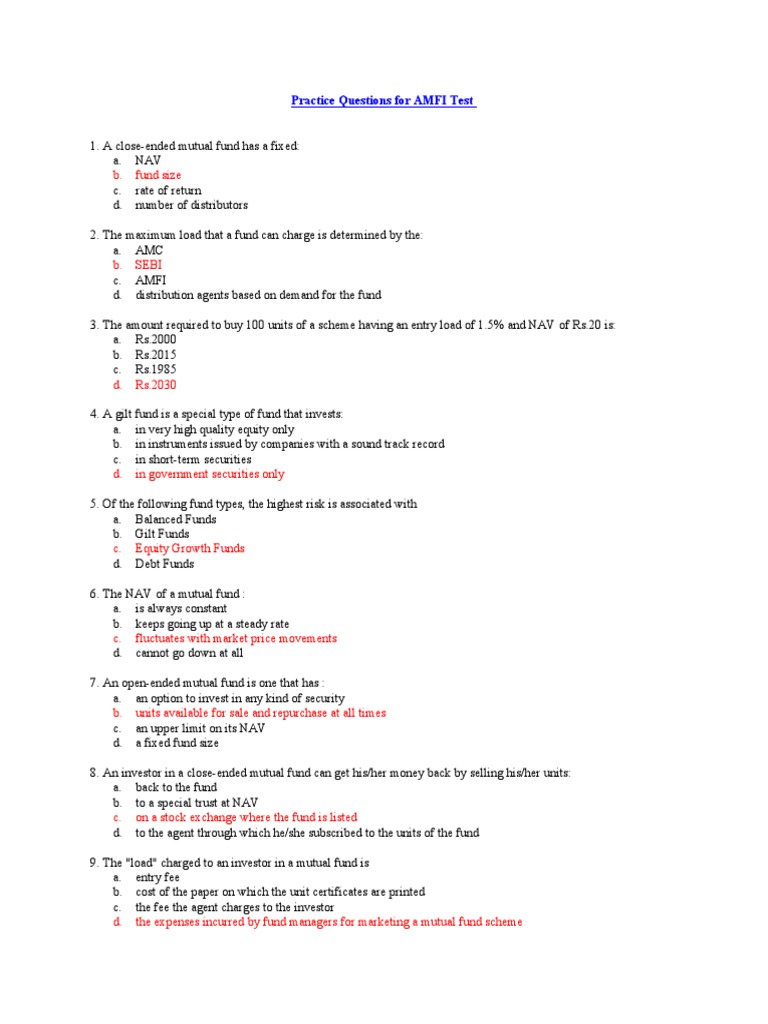 AMFI Test Practice Questions for Mutual Fund Professionals | PDF ...