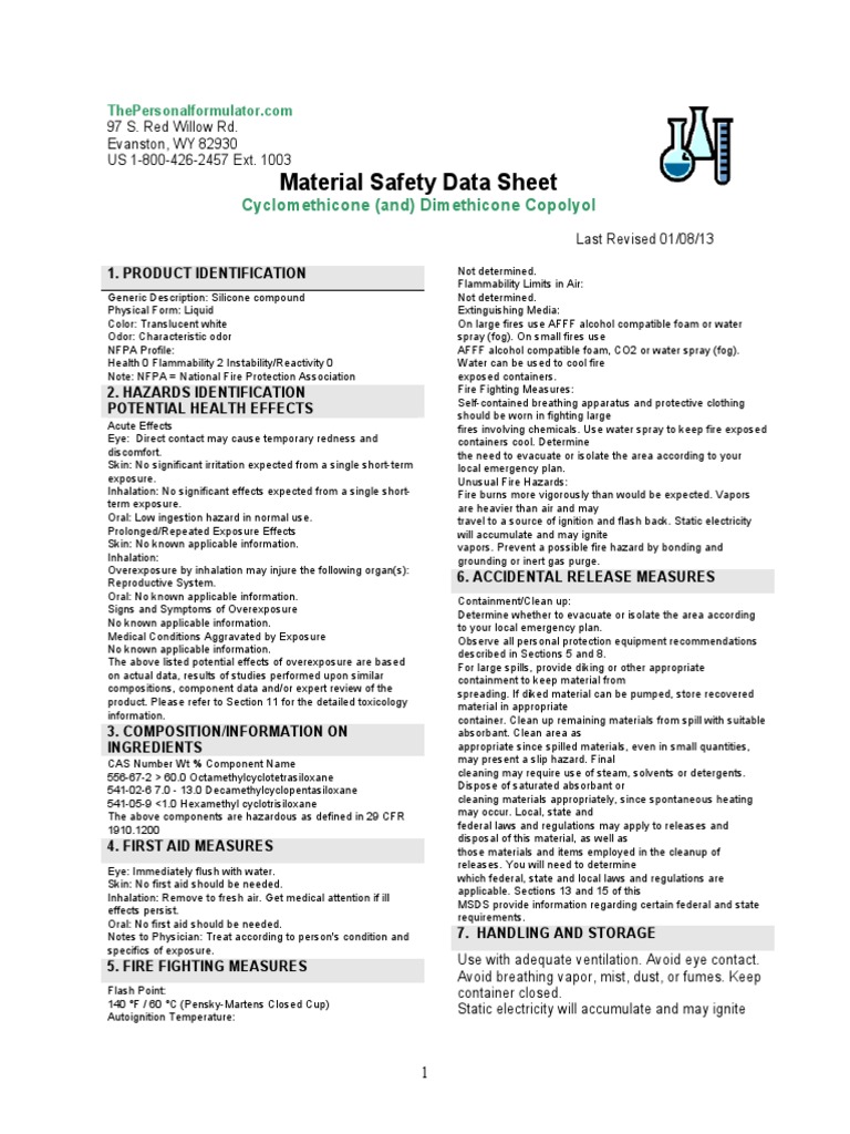 Cyclomethicone and Dimethicone Safety Data | PDF | Personal Protective ...