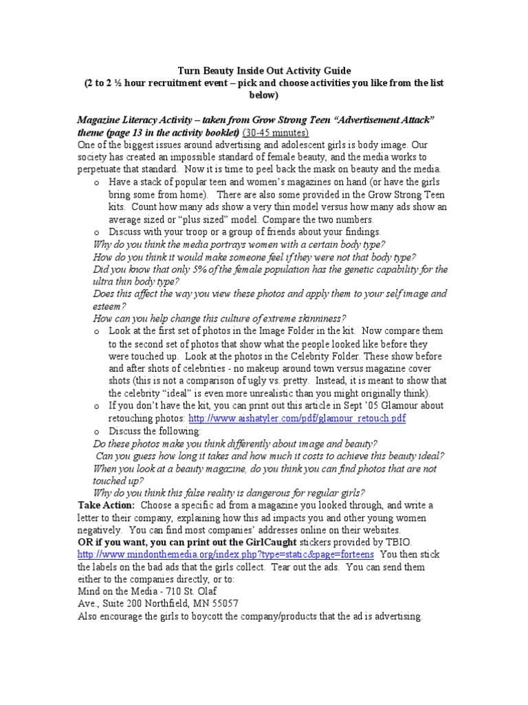 Turn Beauty Inside Out Lesson Plan | PDF | Body Image | Advertising