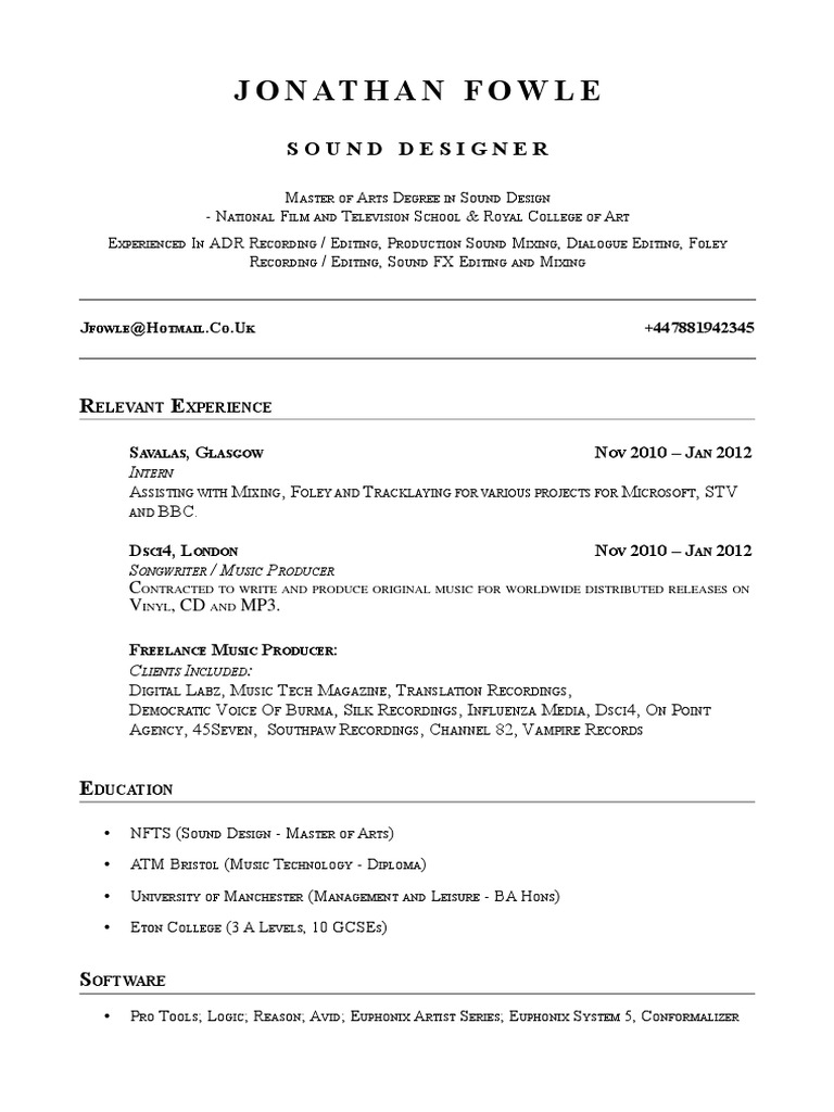 Sound Designer Jonathan Fowle Portfolio | PDF | Travel
