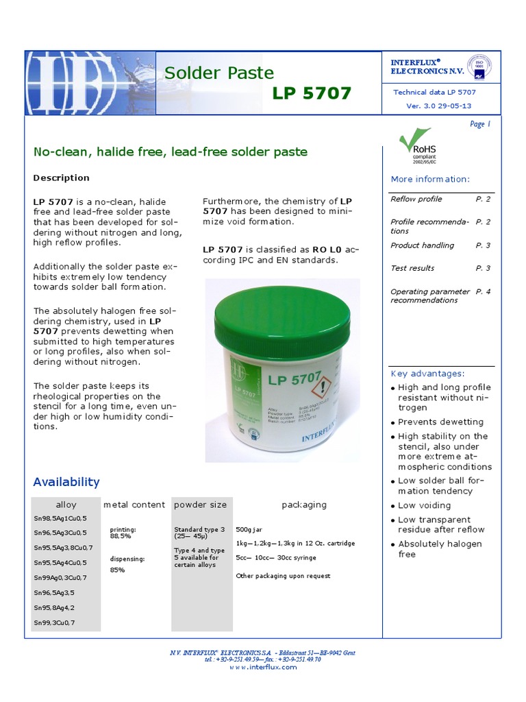 Solder Paste LP 5707: No-Clean, Halide Free, Lead-Free Solder Paste ...