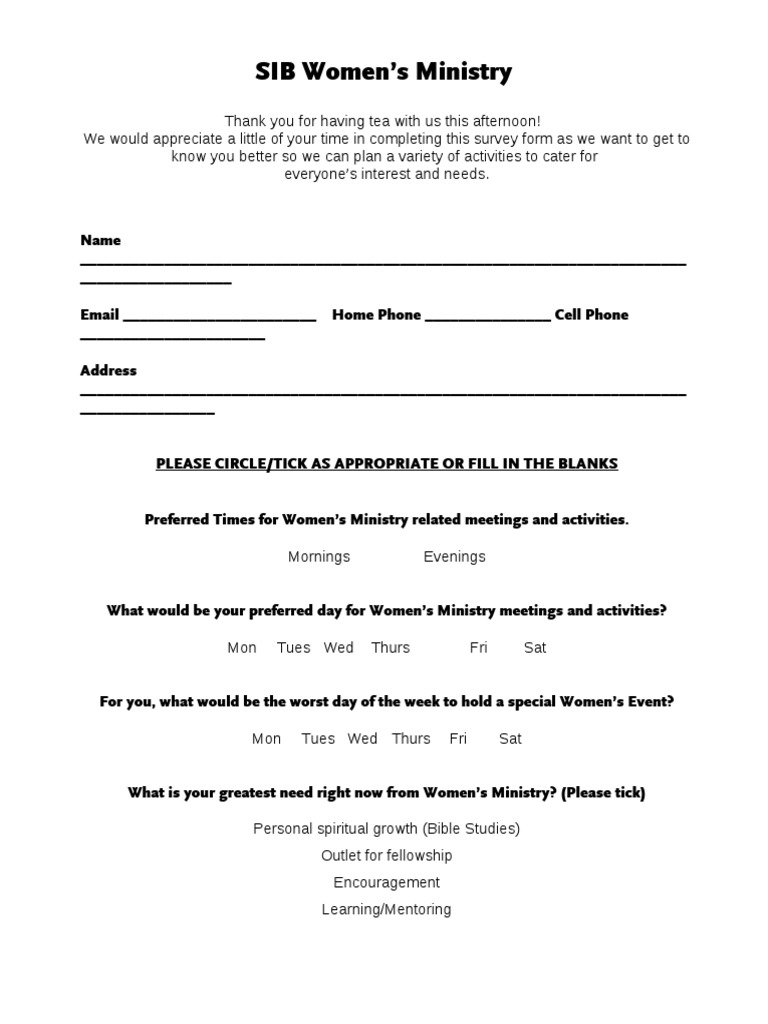 Women's Ministry Survey Form | PDF | Business