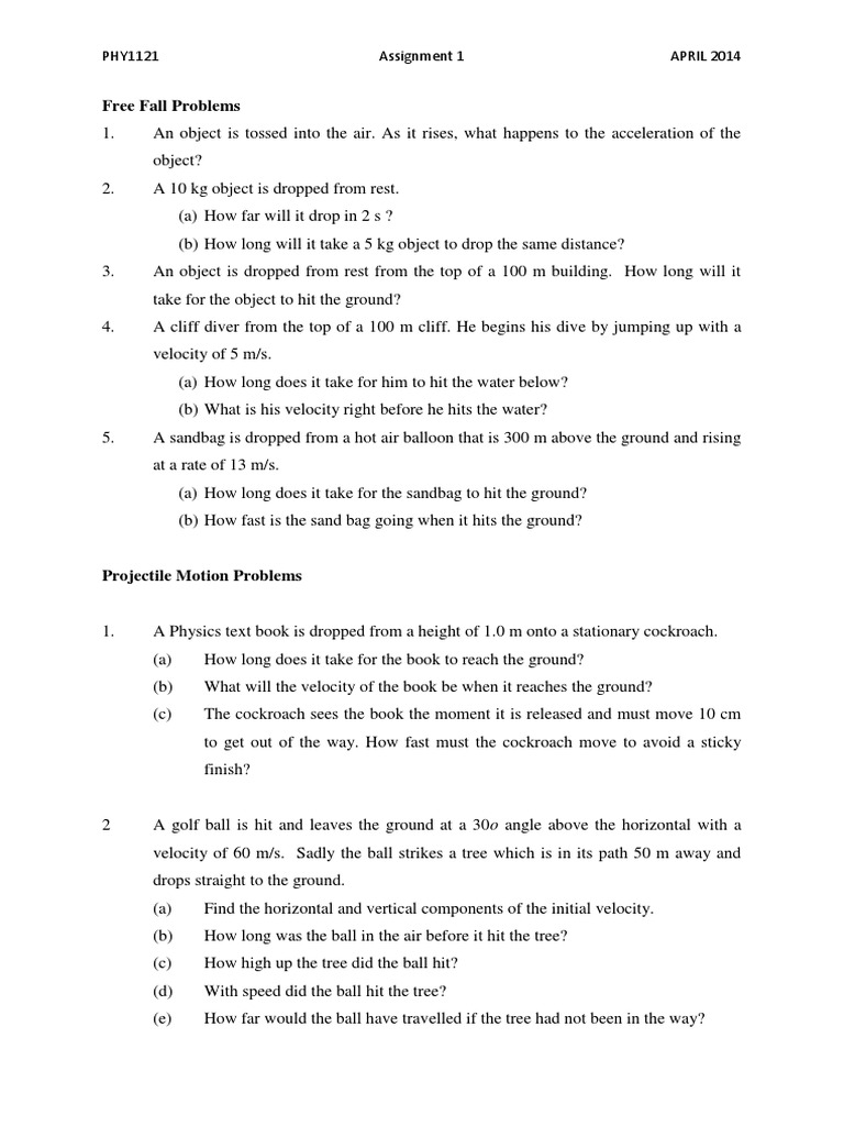 Free Fall Problems Phy1121 Assignment 1 April 2014 Pdf Physical