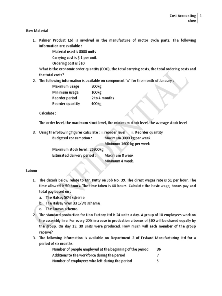 Costing Exercise | PDF | Cost Accounting | Employment