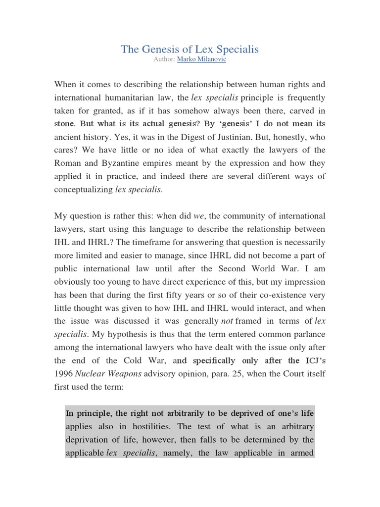 The Genesis of Lex Specialis in International Law | PDF | European ...