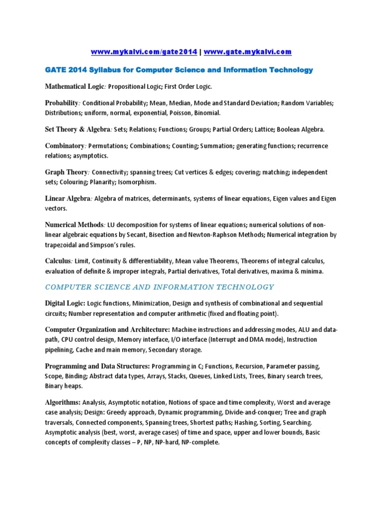GATE 2014 Syllabus For CSE | PDF | Boolean Algebra | Teaching Mathematics