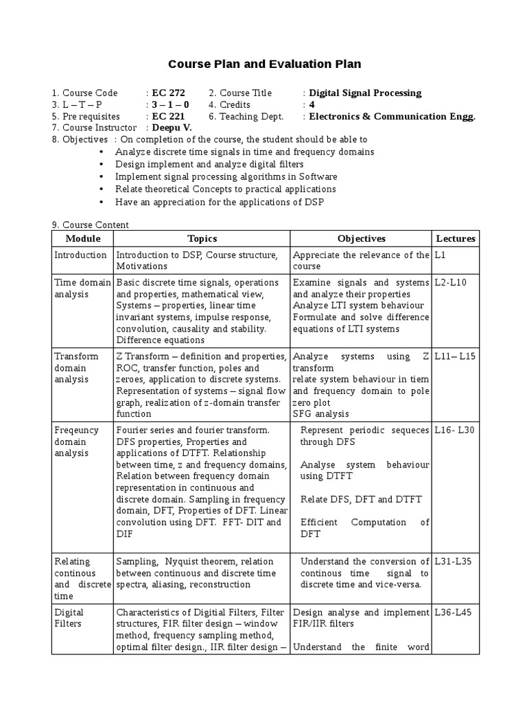Digital Signal Processing Course Plan and Evaluation | PDF | Signal ...