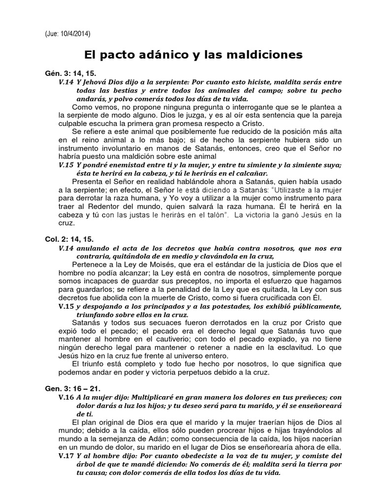Genesis 3 14 - 21 El Pacto Adánico y Las Maldiciones | PDF | Adán ...