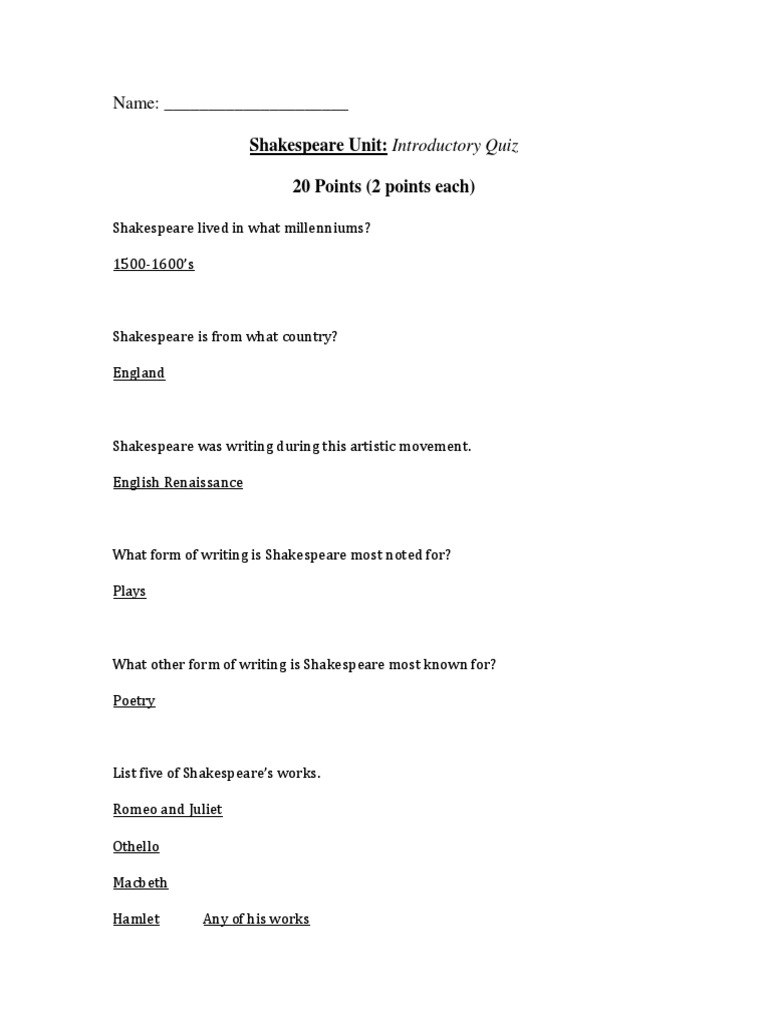 Name: - : Shakespeare Unit: Introductory Quiz 20 Points (2 Points Each ...