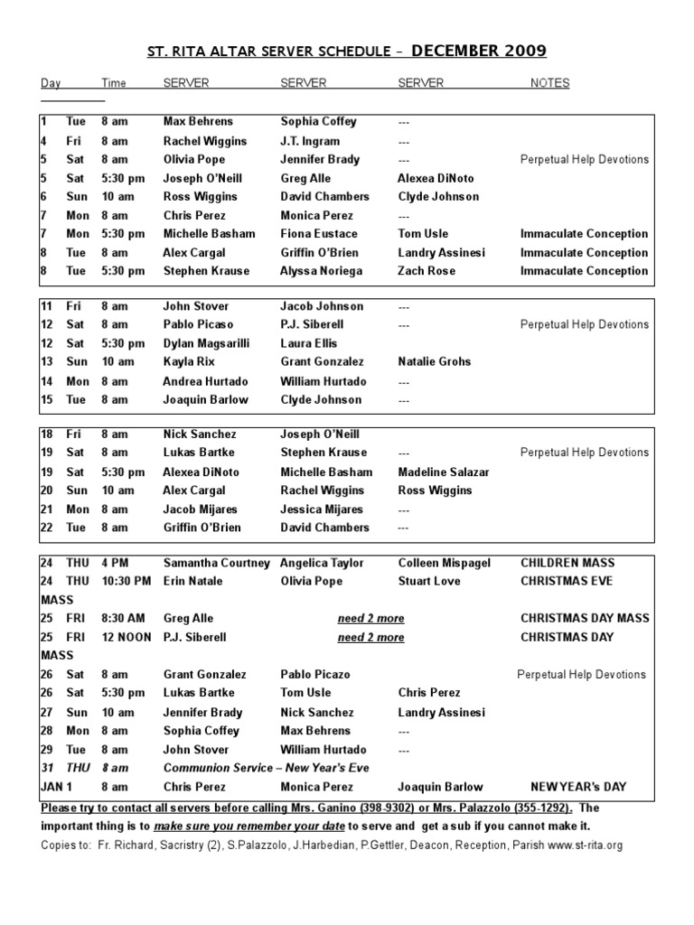 December 2009 Altar Server Schedule | PDF | Religion & Spirituality