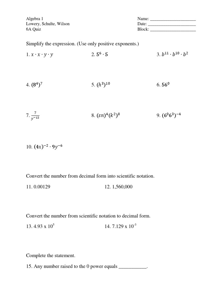 Algebra 1 Exponent Quiz | PDF