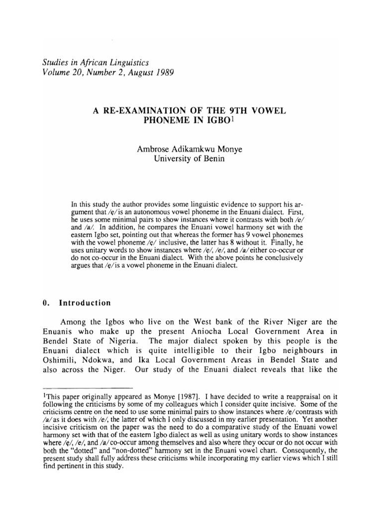Ambrose A. Monye - A Re-Examination of The 9th Vowel Phoneme in Igbo ...