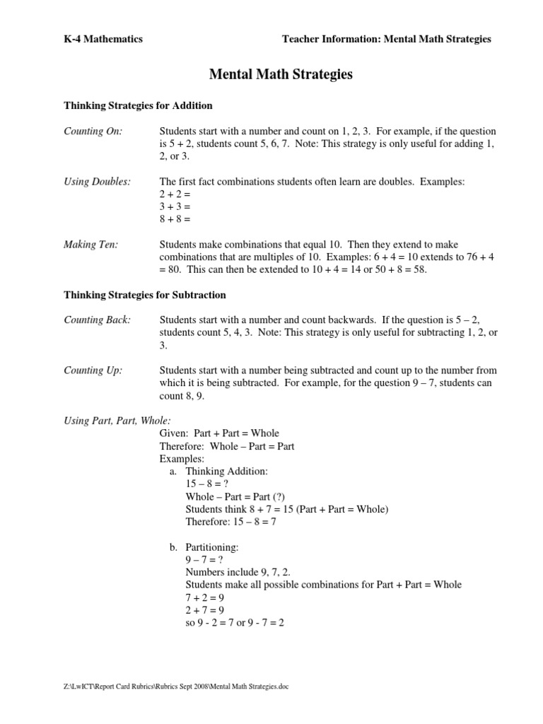 Mental Math Strategies | PDF | Subtraction | Numbers