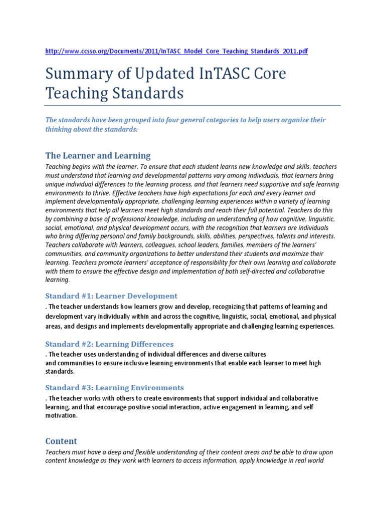 Summary of Updated Intasc Standards | PDF | Educational Assessment ...