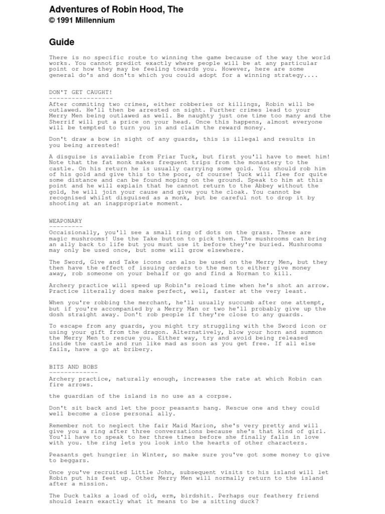 AMIGA - Adventures of Robin Hood, The Guide | PDF | Robin Hood | Leisure