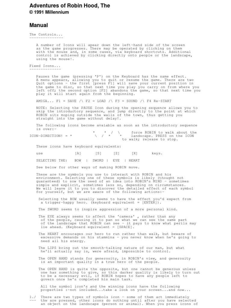 AMIGA - Adventures of Robin Hood, The Manual | PDF | Icon (Computing ...