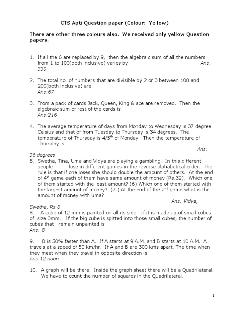 CTS Apti Question Paper (Colour: Yellow) There Are Other Three Colours ...
