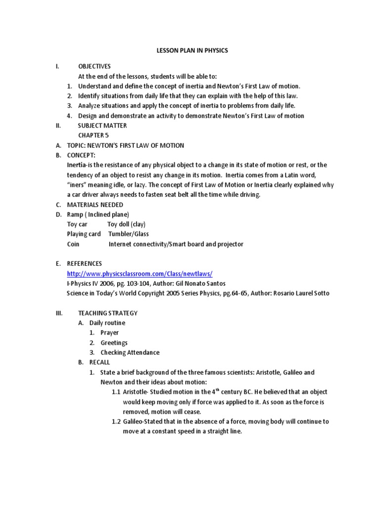 Lesson Plan in Physics | Inertia | Newton's Laws Of Motion