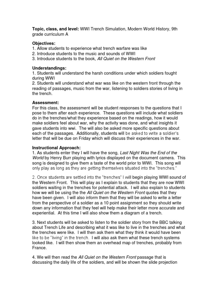 Wwi Trench Simulation Lesson | PDF | Trench Warfare | World War I