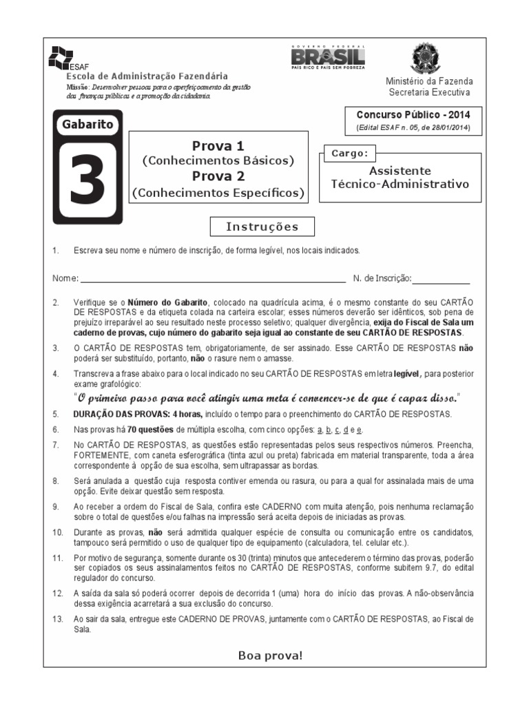 Concurso Público: Assistente Técnico-Administrativo - ATA - 2014 Provas 1 e 2 - Gabarito 3 | PDF ...