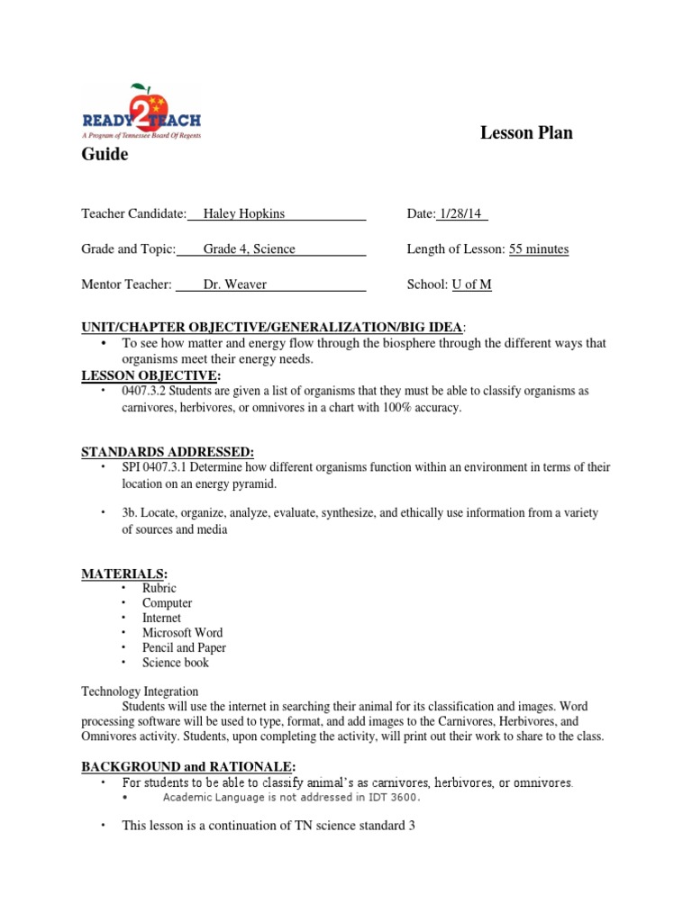 Lesson Plan Guide: Unit/Chapter Objective/Generalization/Big Idea | PDF ...