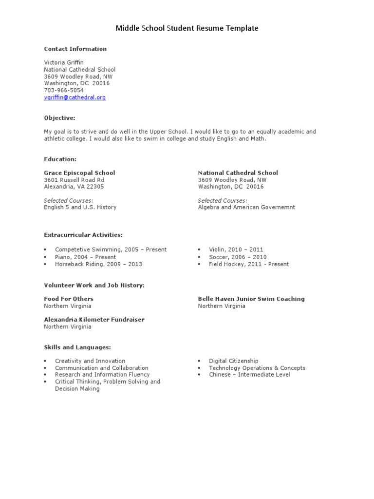 Middle School Student Resume Template: Selected Courses: Selected ...