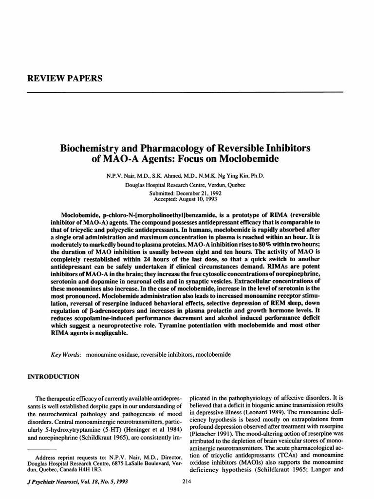 Biochemistry and Pharmacology of Reversible Inhibitors of MAO-Agents A ...