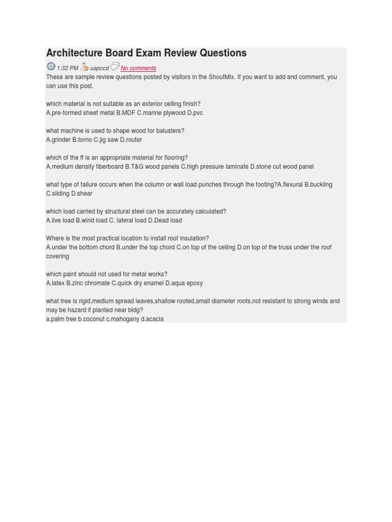 Architecture Board Exam Sample Questions | PDF