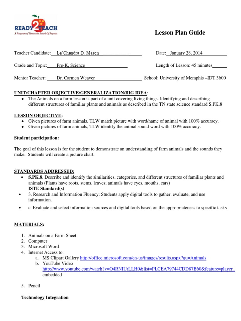 Farm Animals Lesson Plan for Pre-K | PDF | Lesson Plan | Communication