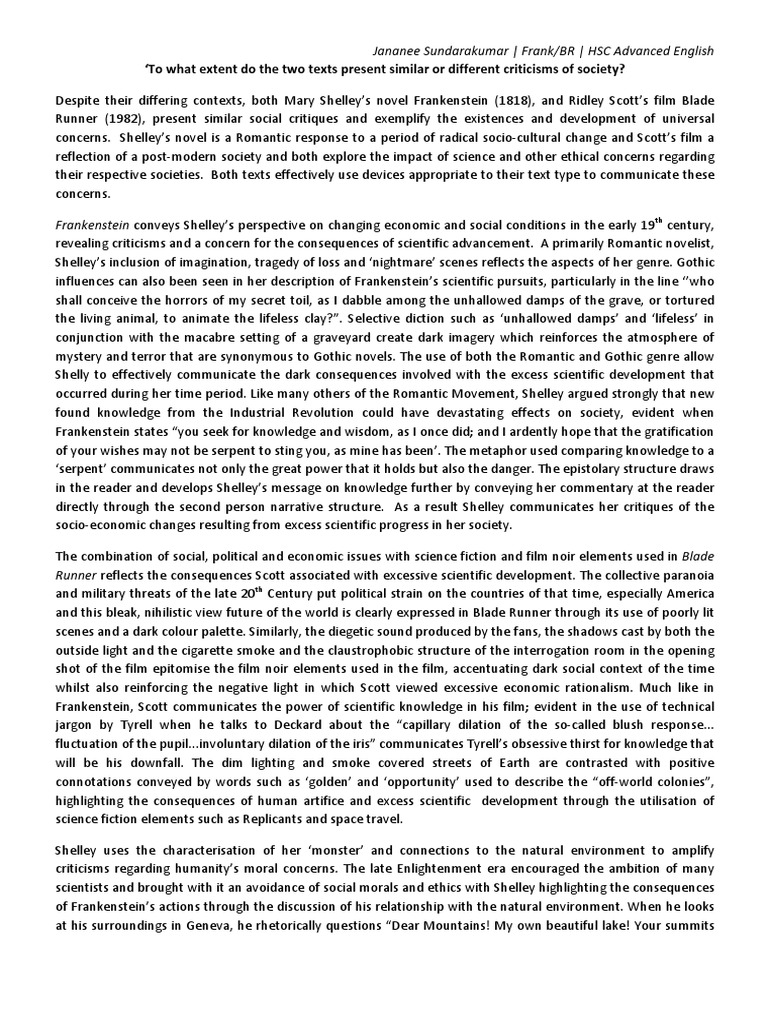 Blade Runner/ Frankenstein Essay HSC English Advanced | PDF