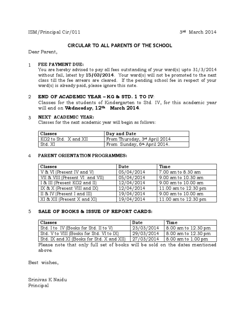 Circular To All Parents 3-3-14 | PDF | Travel