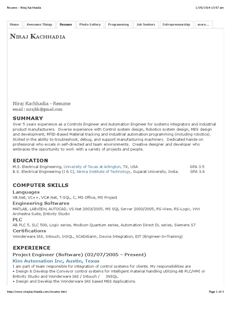 Resume - Niraj Kachhadia | PDF | Instrumentation | Automation