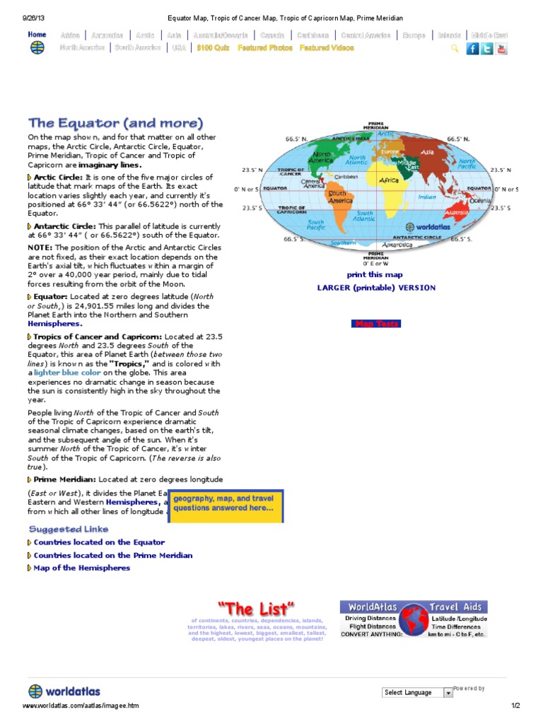 Equator Map Tropic Of Cancer Map Tropic Of Capricorn Map