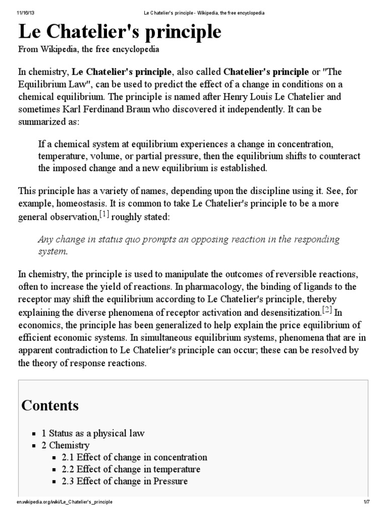 Le Chatelier's Principle - Wikipedia, The Free Encyclopedia | Chemical ...