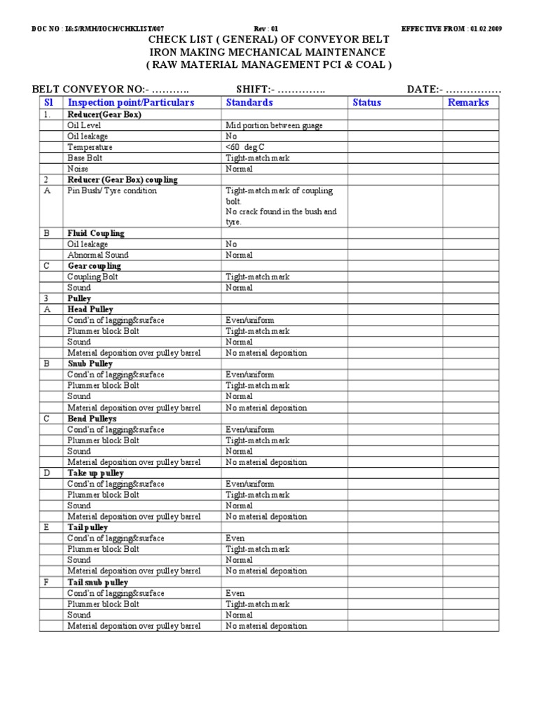 Conveyor Belt Inspection Checklist | PDF | Teaching Methods & Materials ...